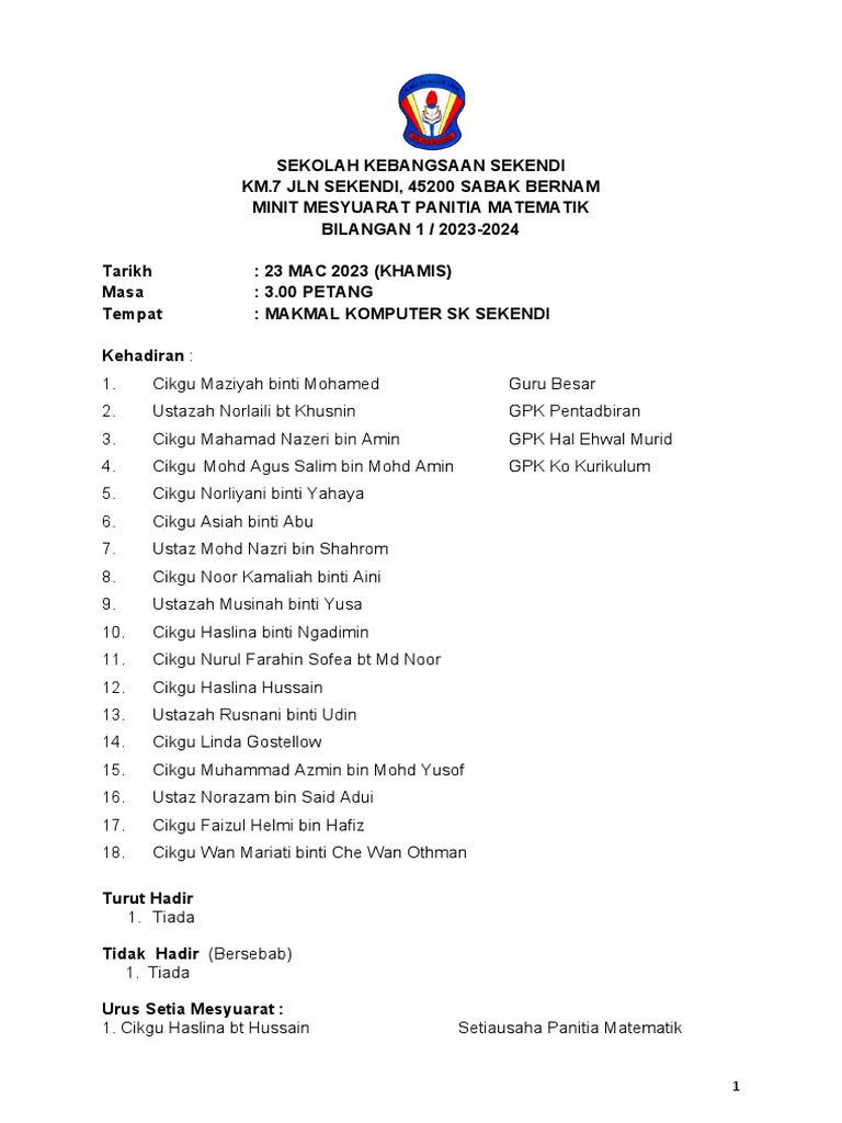 Minit - Mesyuarat Kurikulum - Bil - 1 - 2023 - 2024 - Dan - Maklum - Balas | PDF
