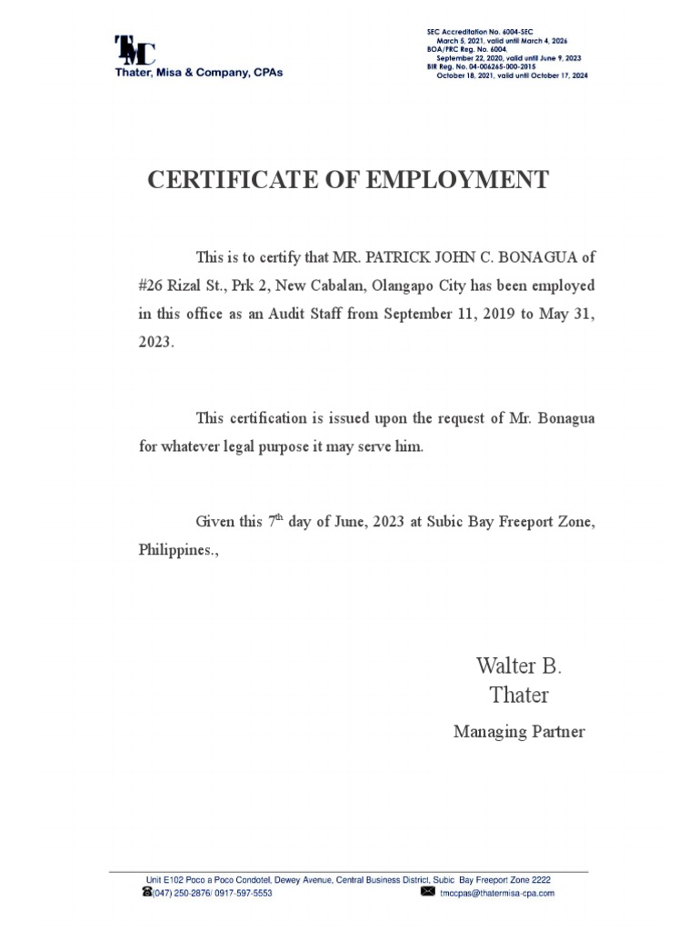 Certificate of Employment for Patrick Bonagua | PDF