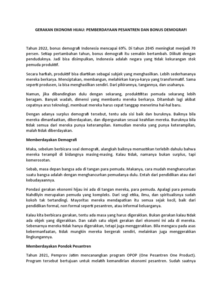 Ekonomi Hijau Pemberdayaan Pesantren Dan Bonus Demografi | PDF Ekonomi Hijau Pemberdayaan Pesantren Dan Bonus Demografi | PDF