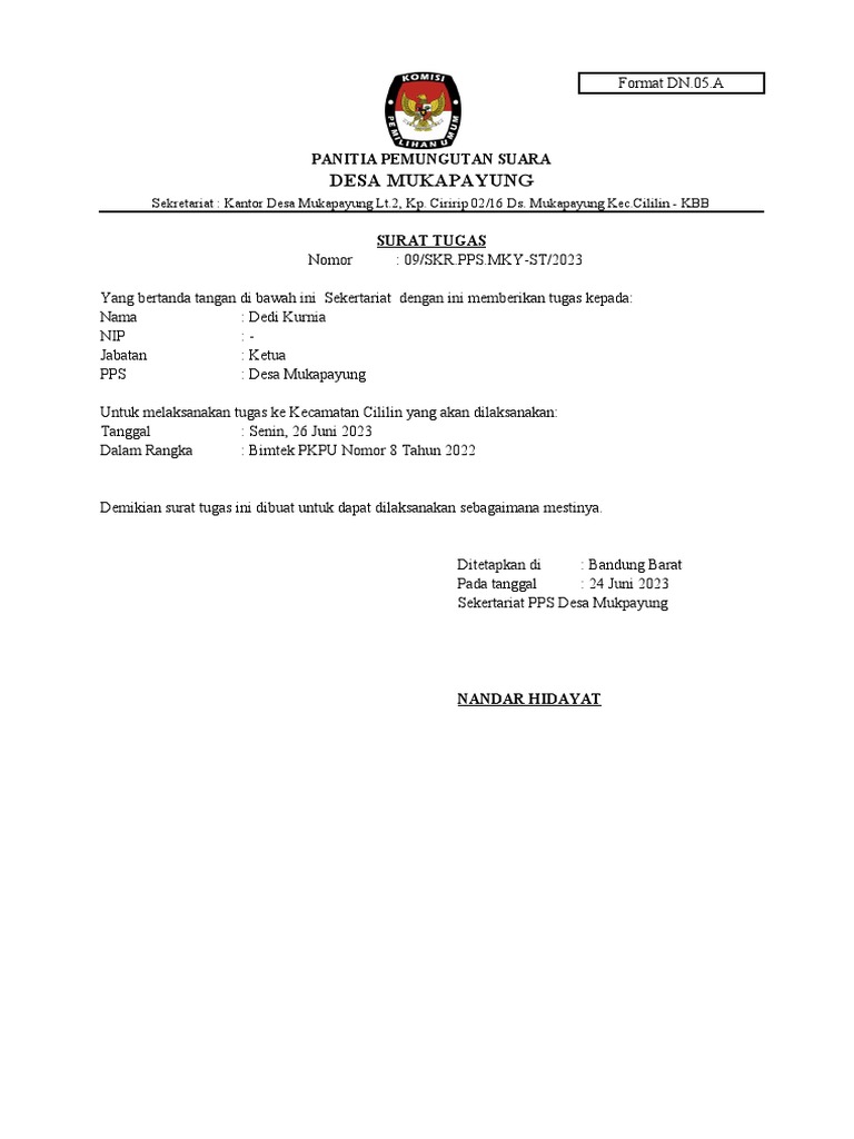Surat Tugas Bimtek PKPU Desa Mukapayung | PDF