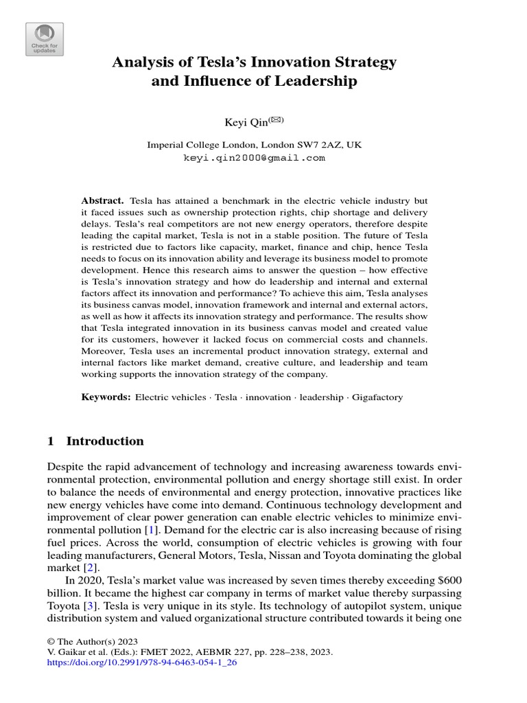 Analysis of Tesla's Innovation Strategy and Influence of Leadership | PDF