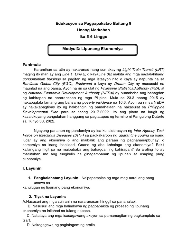 EsP 9 Q1 W5-W6 Mod3 Lipunang Ekonomiya | PDF