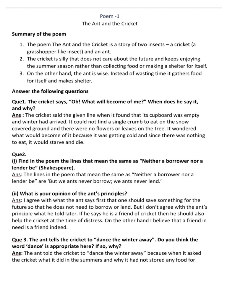 Poem-1 The Ant and The Cricket-1 | PDF