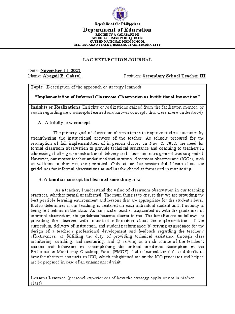 Lac Reflection November | PDF | Teachers | Mentorship