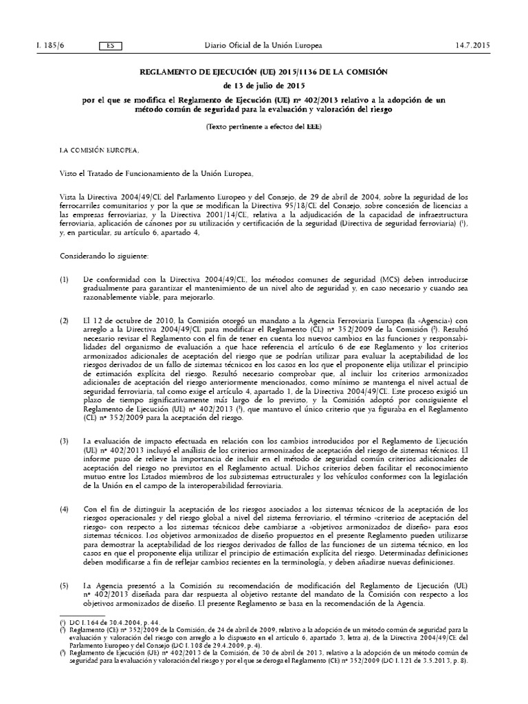 Reglamento Ejecución UE 1136-2015 Adopción de MCS para Evaluación y Valoración Del Riesgo | PDF ...