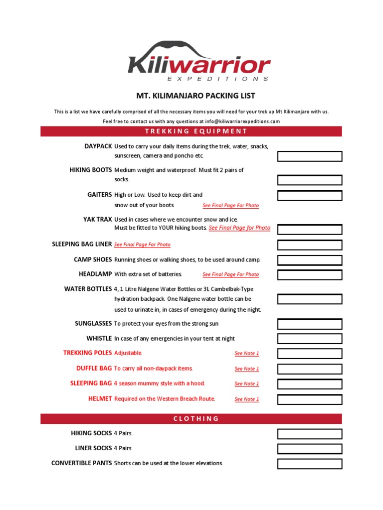 Packing List Kiliwarrior Expeditions | PDF | Backpack | Clothing