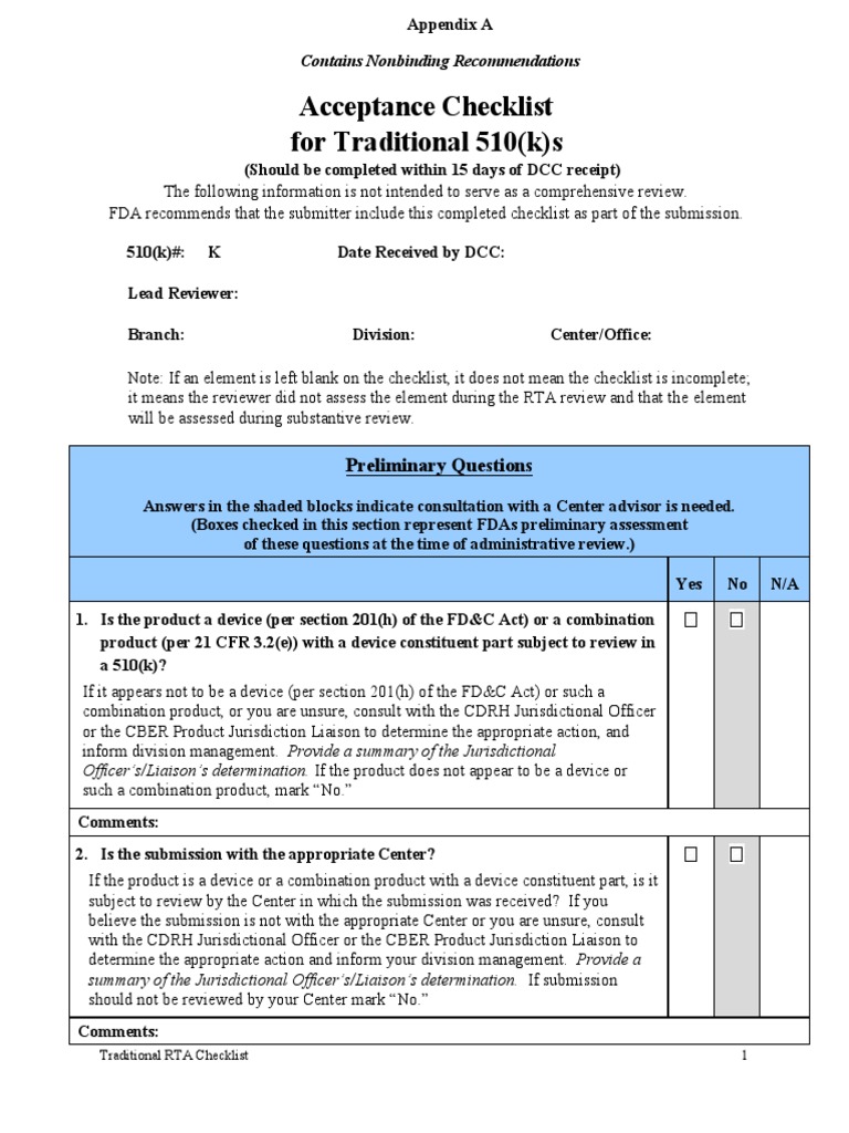 Traditional 510(k) Acceptance Checklist | PDF | Federal Food ...