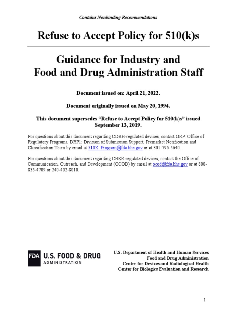 Guidance 510k RTA | PDF | Federal Food | Food And Drug Administration