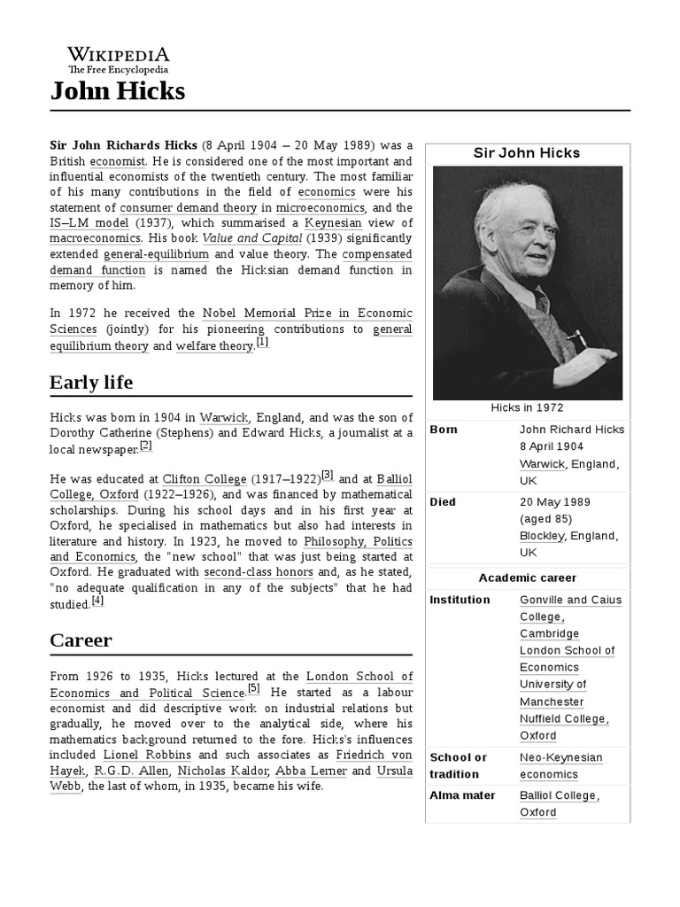 John Hicks | PDF | Microeconomics | Economics