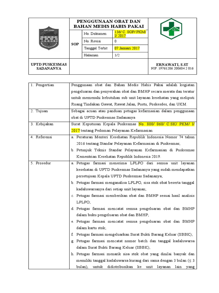 SOP PENGGUNAAN OBAT DAN BMHP | PDF