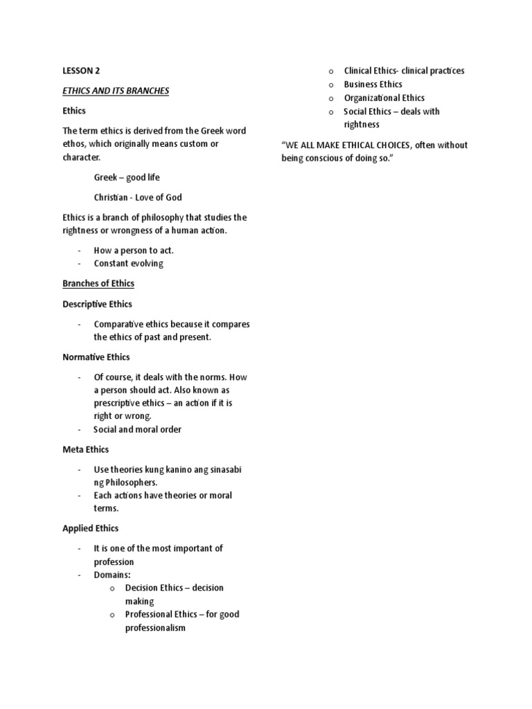 LESSON 2 - Ethics and It's Branches | PDF