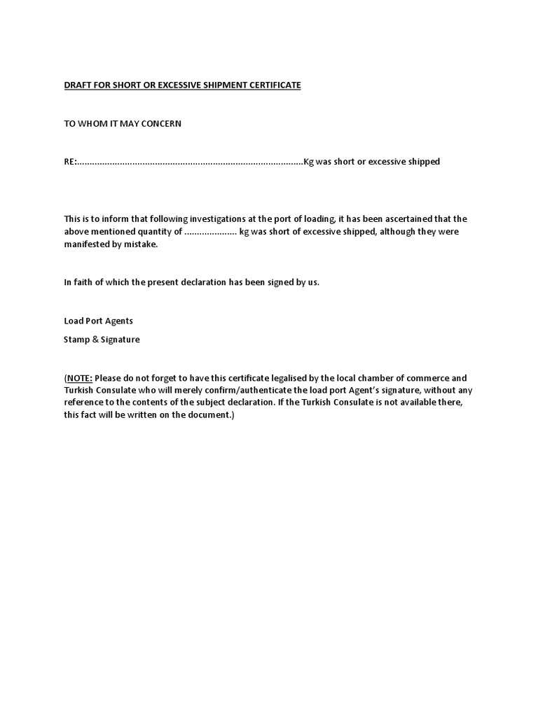 Draft for Short or Excessive Shipment Certificate | PDF
