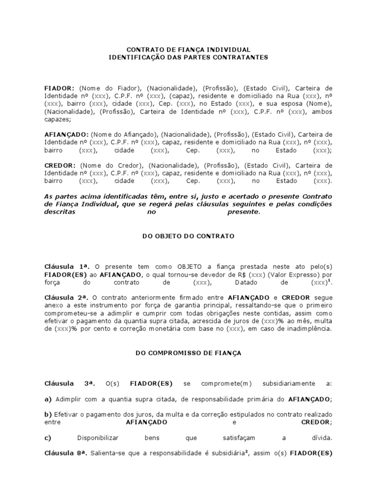 Contrato de Fiança Individual | PDF | Direito Civil (sistema jurídico ...