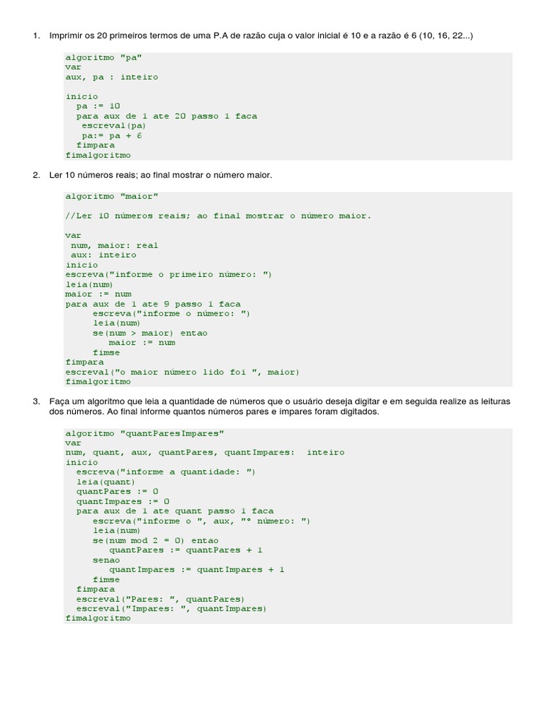 Exemplos de Algoritmos Desenvolvidos para o VisualG | PDF | Algoritmos | Números