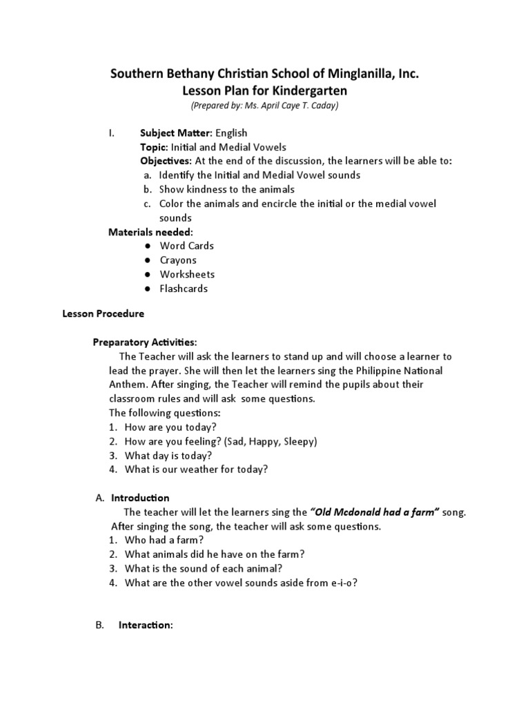 Initial and Medial Vowel Lesson Plan | PDF | Teachers | Lesson Plan