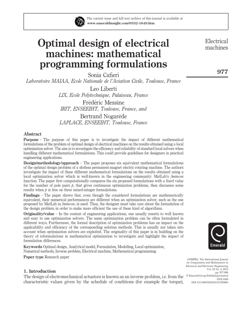 Optimal Design of Electrical Machines: Mathematical Programming ...