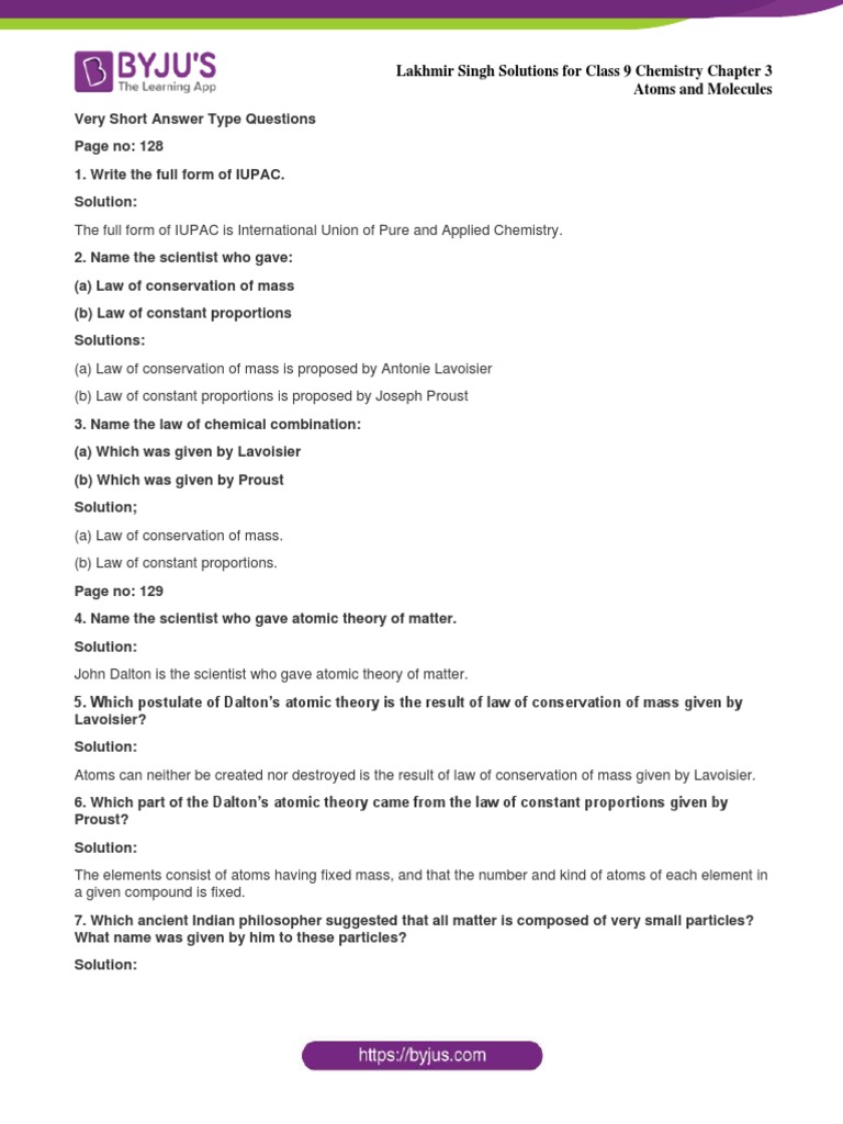 Lakhmir Singh Solutions For Class 9 Feb22 Chemistry Chapter 3 Atoms and Molecules | PDF ...