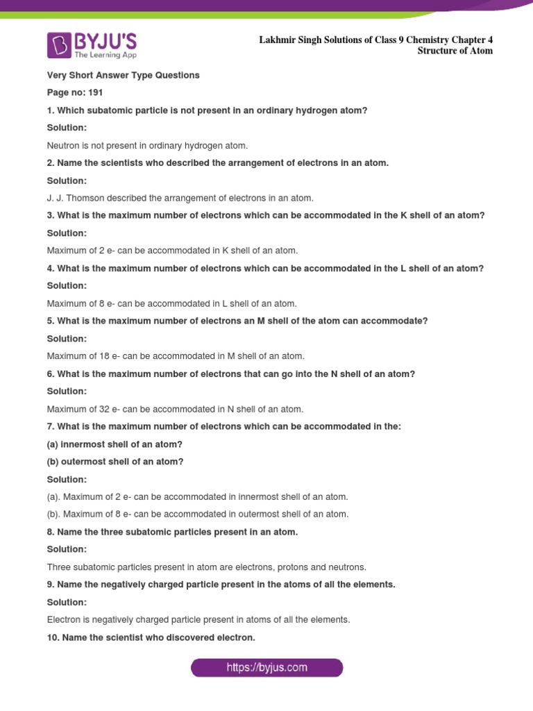 Lakhmir Singh Solutions For Class 9 Feb22 Chemistry Chapter 4 Structure of Atom | PDF | Atoms ...