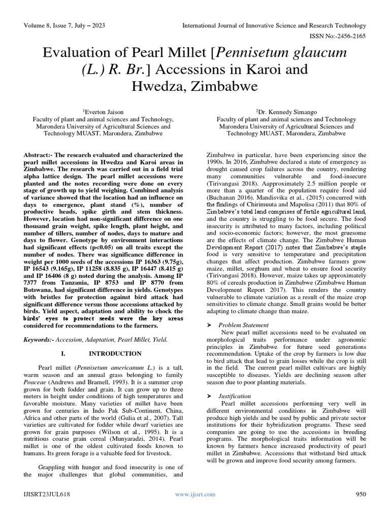 Evaluation of Pearl Millet (Pennisetum Glaucum (L.) R. BR.) Accessions in Karoi and Hwedza ...