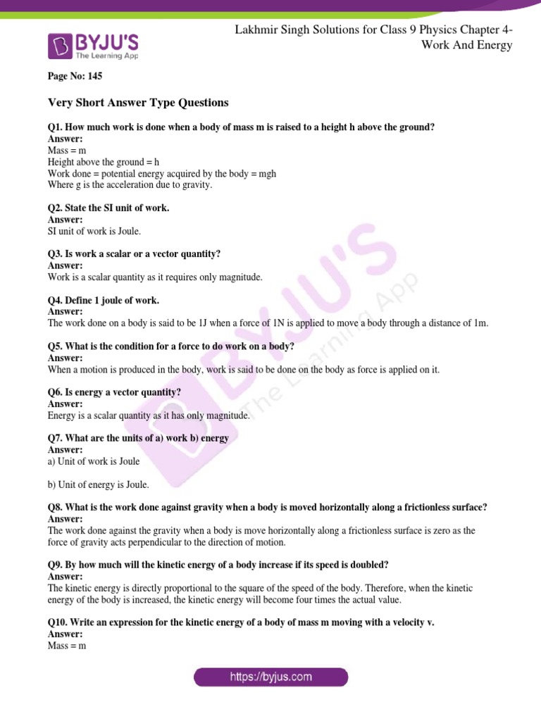 Lakhmir Singh Solutions Class 9 Physics Chapter 4 | PDF | Potential Energy | Force