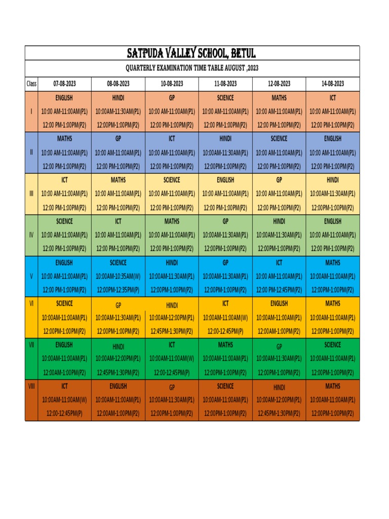 Quarterly Time Table I To VIII (2023-24) | PDF