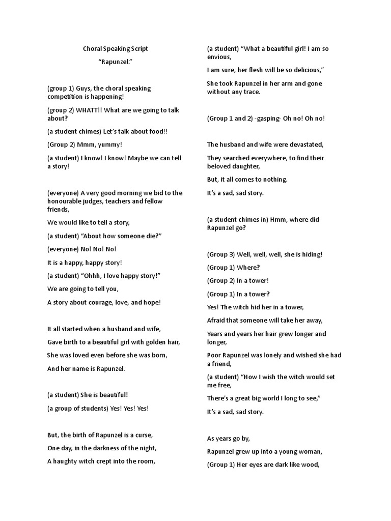 Rapunzel Script Choral Speaking | PDF | Rapunzel | Fairy Tales