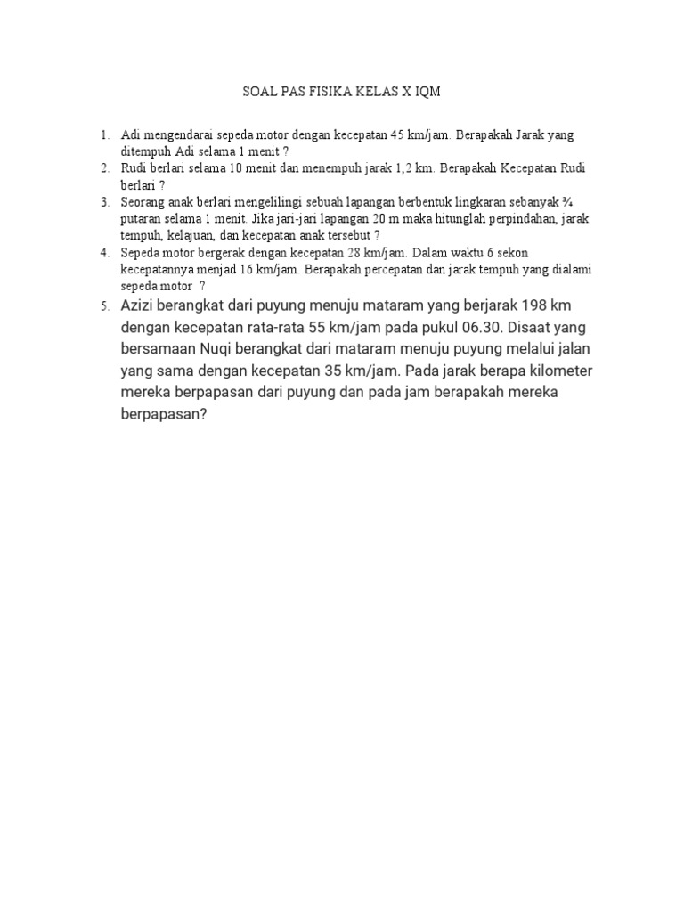 Soal Pas Fisika Kelas X Iqm 2023 Putra | PDF