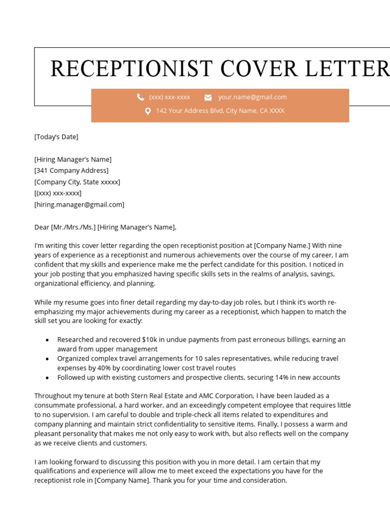 Receptionist Cover Letter Example | PDF | Résumé | Business