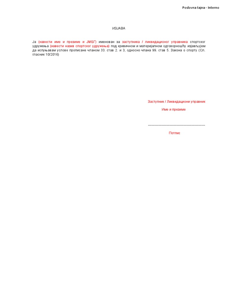 Izjava Zastupnika, Likvidacionog Upravnika | PDF