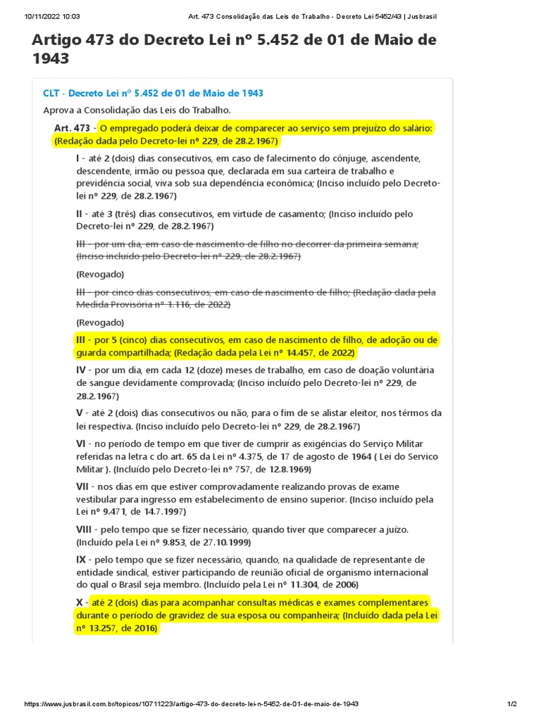 Art. 473 CLT - Acompanhante Exames Médicos | Download grátis PDF ...