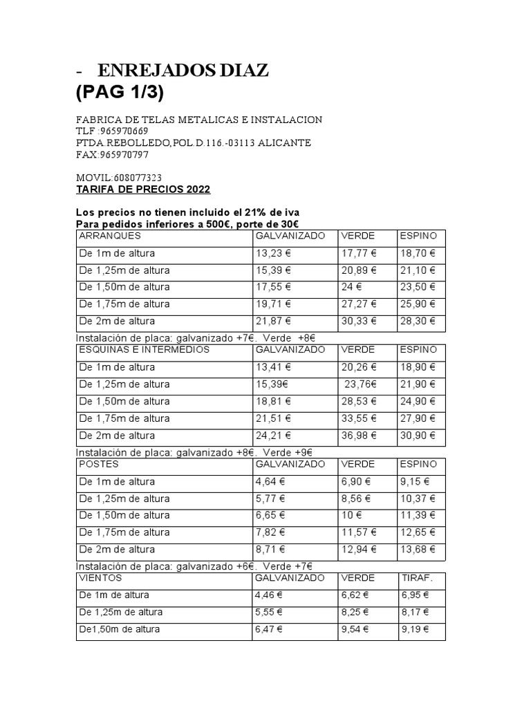 Tarifa Precios | PDF