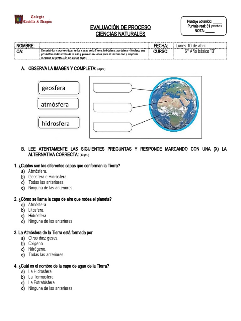 Evaluación (Capas de La Tierra) | PDF