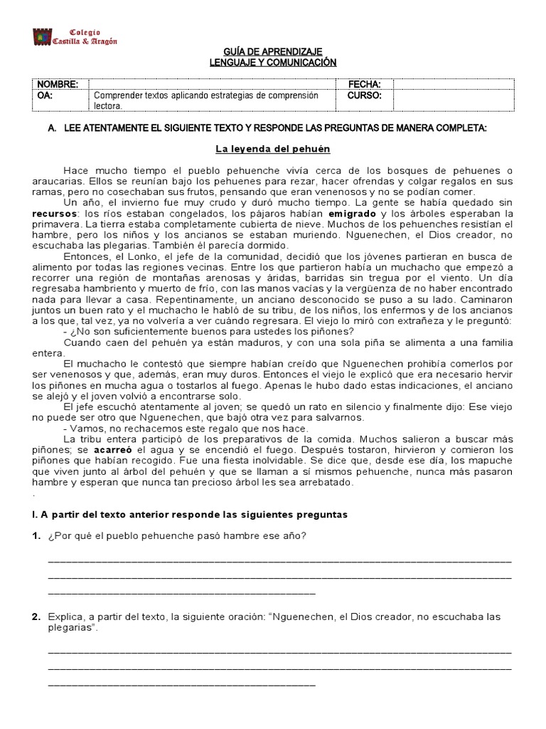Comprensión de Lectura, Leyenda, El Pehuén | PDF | Estudios de idiomas ...