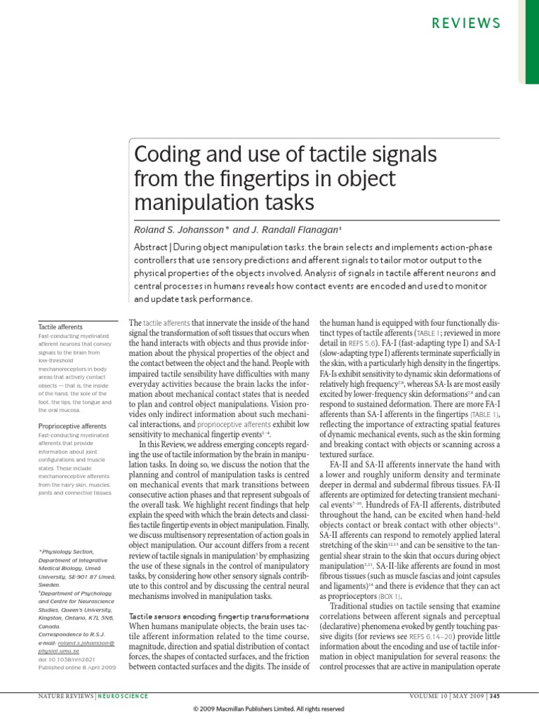 !!!coding and Use of Tactile Signals From The Fingertips in Object Manipulation Tasks 2009 | PDF ...