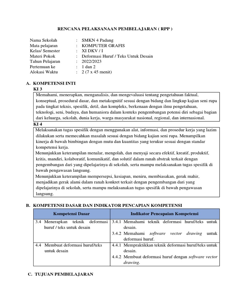 Rencana Pelaksanaan Pembelajaran (RPP) : Drawing | PDF