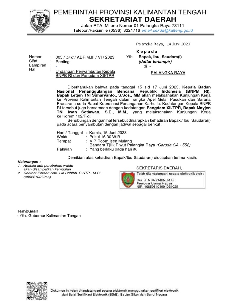 Adpim-Undangan Jemput Antar Kepala BNPB RI - Sign | PDF