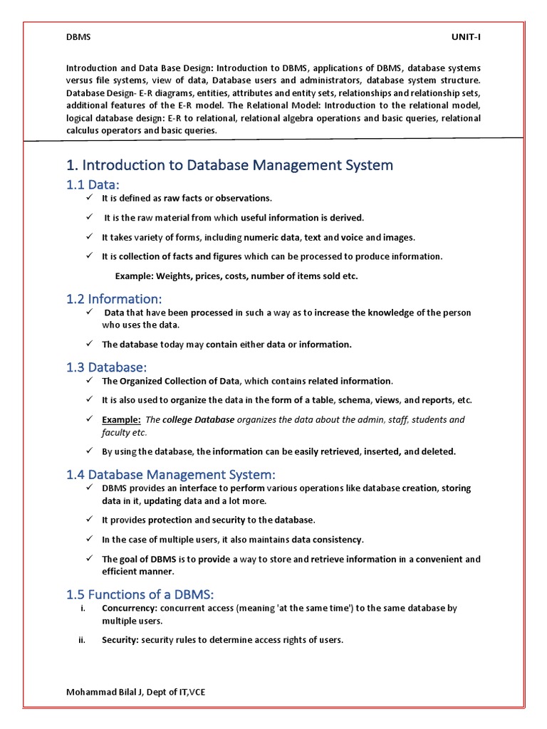 BILAL DBMS UNIT-1 Notes | PDF | Relational Database | Databases BILAL DBMS UNIT-1 Notes | PDF | Relational Database | Databases