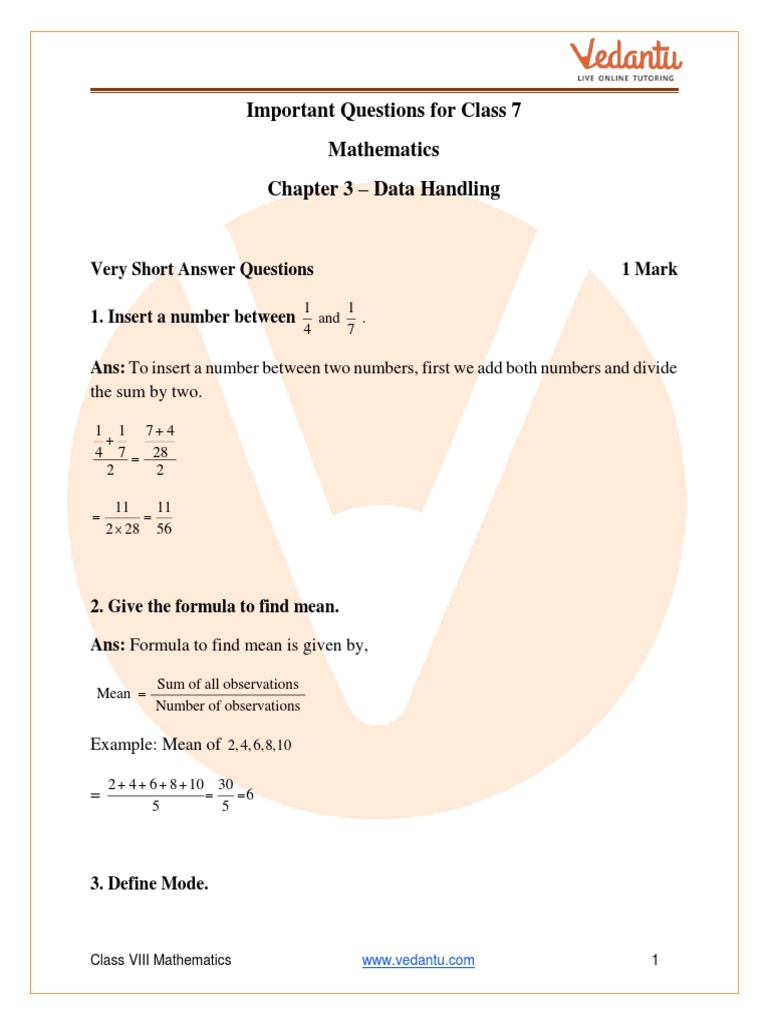 Important Questions of Class 7 Maths Chapter 3 Data Handling | PDF | Mean | Mode (Statistics)