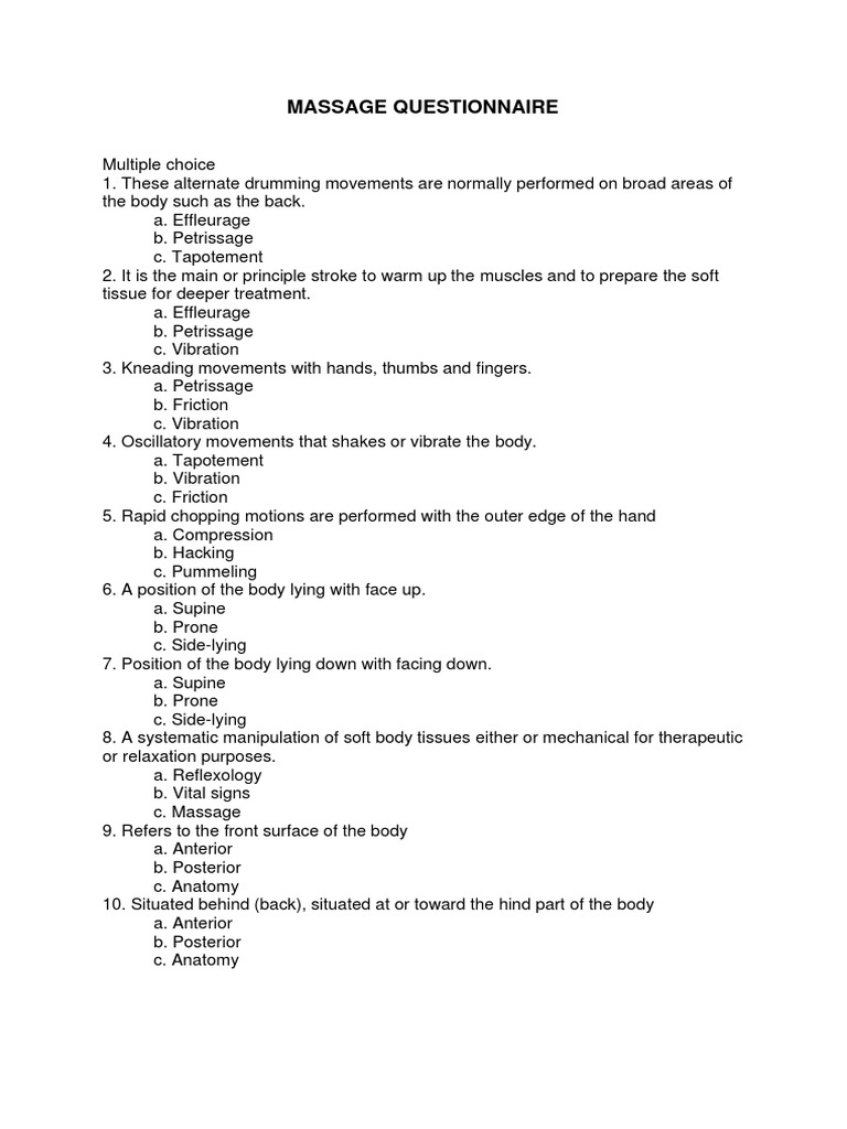 Massage Questionnaire | PDF