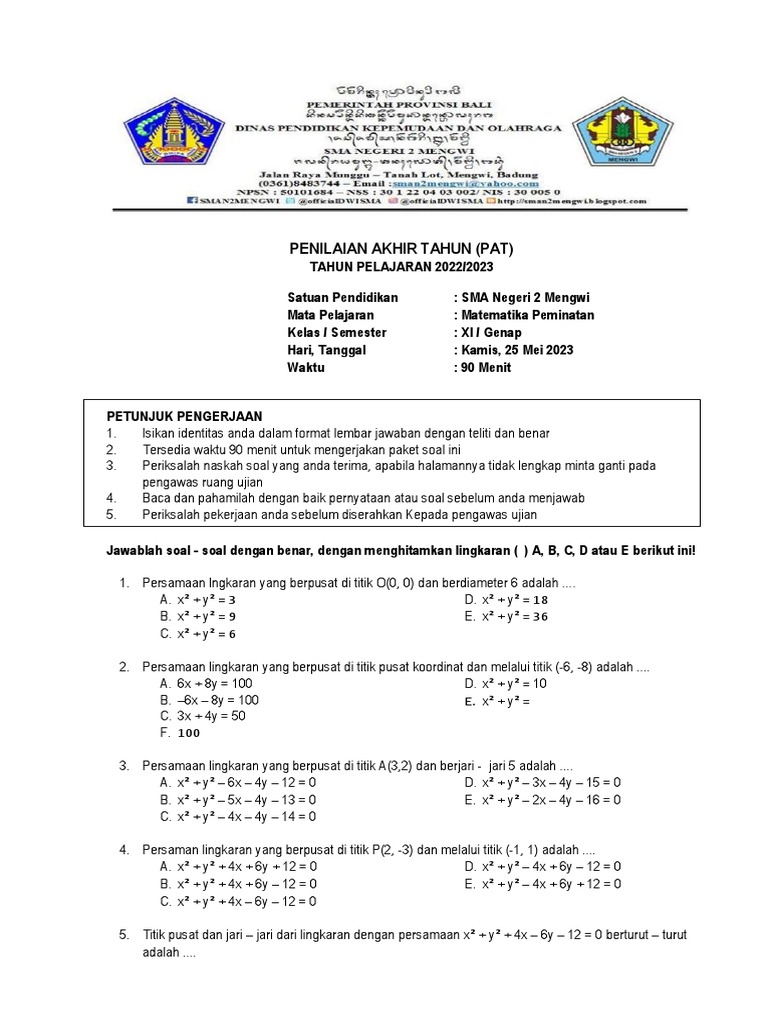 Soal Pat Mat Peminatan - Xi - 2023 - Siswa | PDF