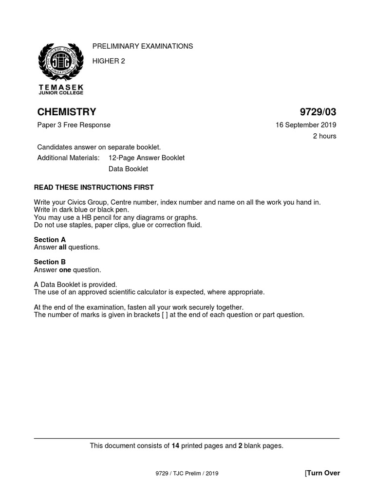 2019 TJC H2 Chem Prelim P3 ANS | PDF | Catalysis | Chemical Compounds