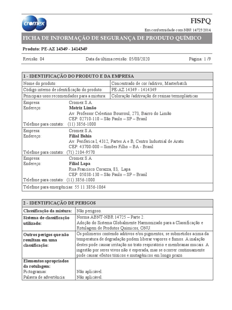 Fispq: Ficha de Informação de Segurança de Produto Químico | PDF ...