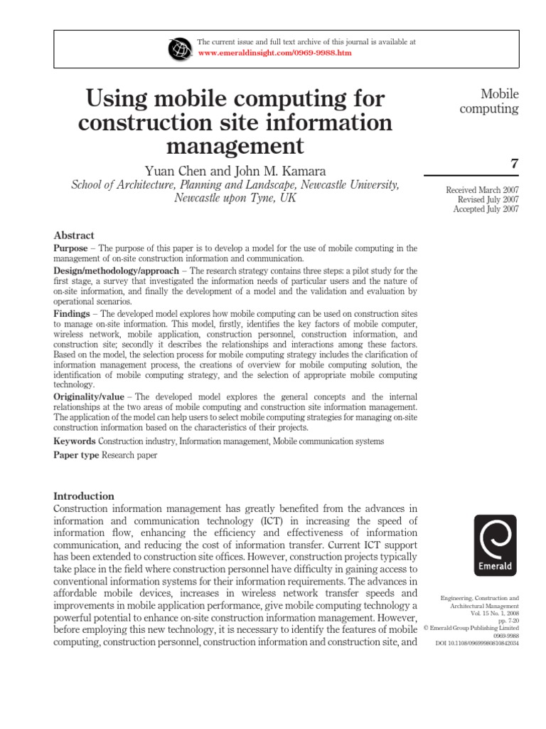 Using Mobile Computing For Construction Site Information Management Pdf Information
