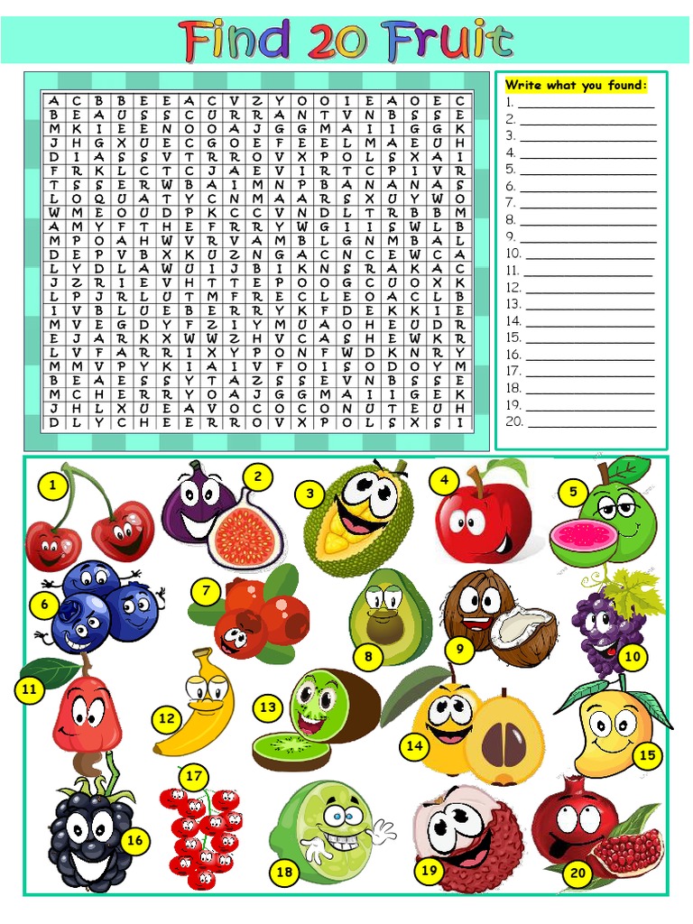 20 Fruit Wordsearch | PDF | Ajedrez