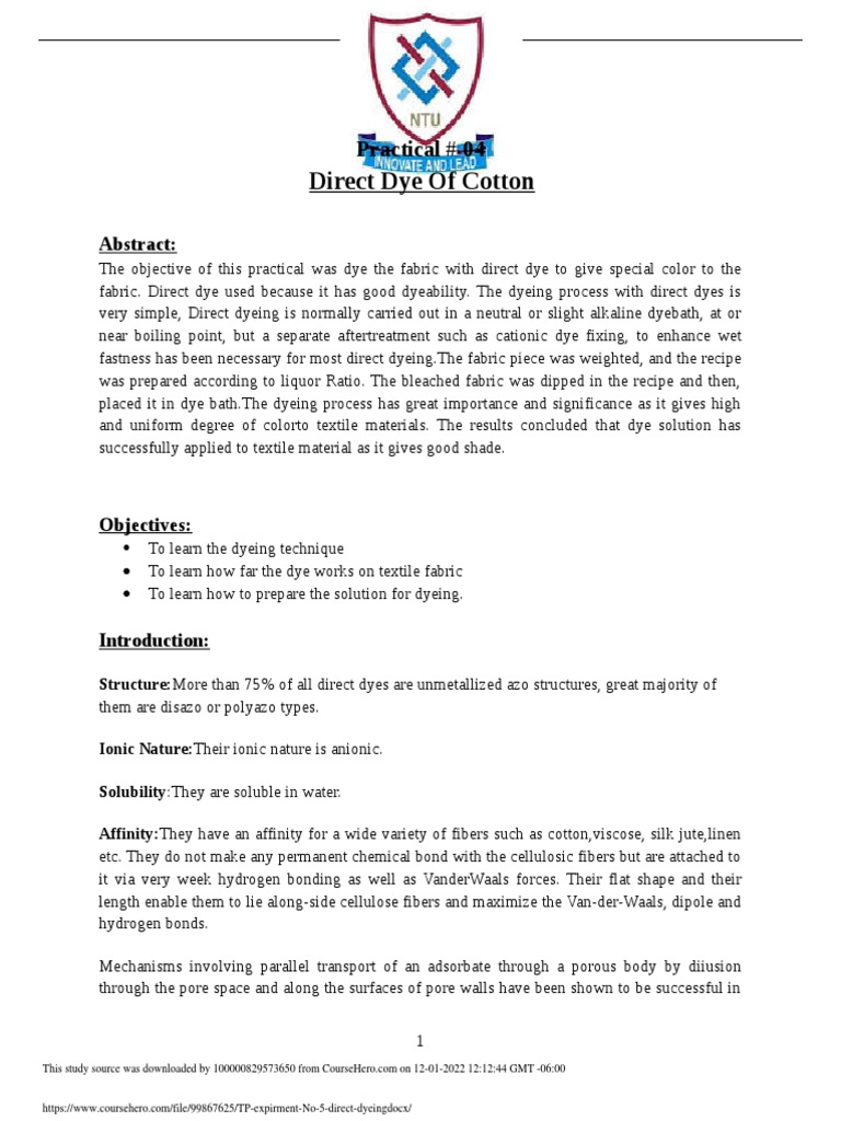 Direct Dyeing Technique for Cotton Fabric | PDF | Dyeing | Dye