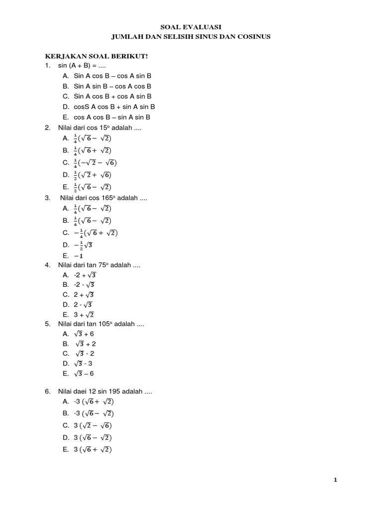 Soal Evaluasi Jumlah Dan Selisih Sinus Dan Cosinus | PDF