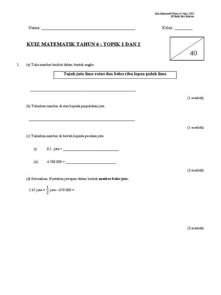 Kuiz Matematik Tahun 6 Topik 1 Dan 2 | PDF