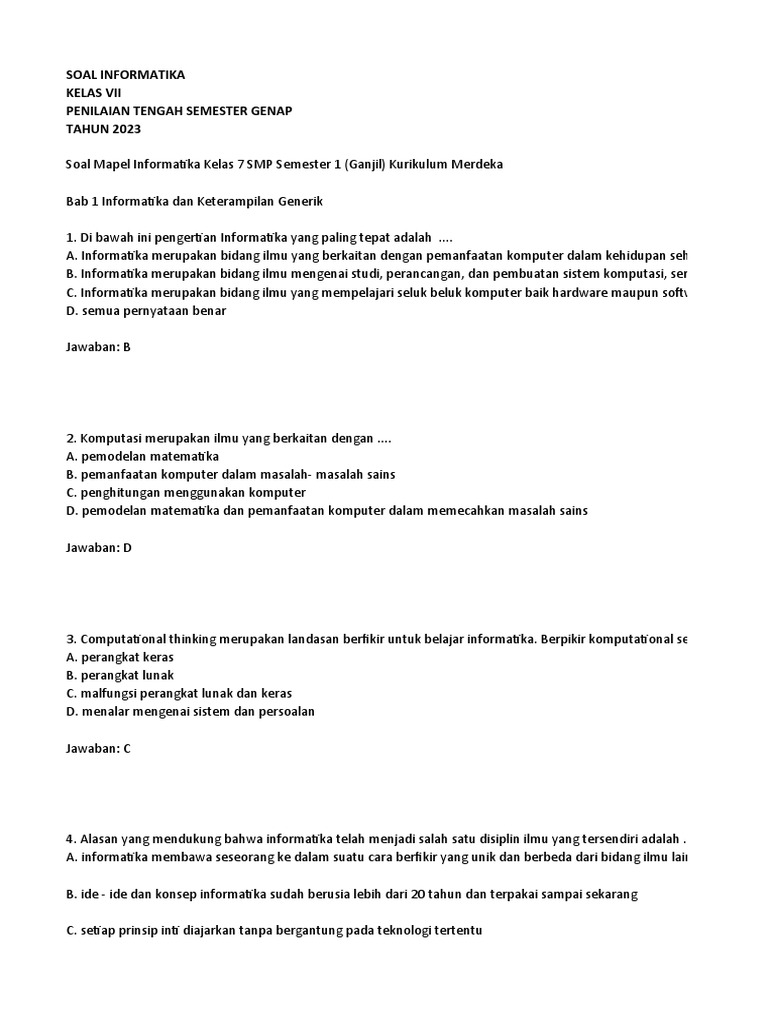 Soal Informatika Kelas Vii Penilaian Tengah Semester Genap TAHUN 2023 | PDF