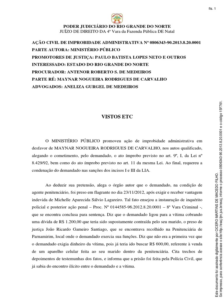 Condenacao Improbidade - Exigencia de Vantagem Indevida - Natal | PDF ...