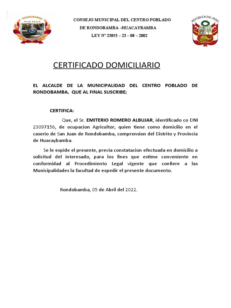 Certificado Domiciliario | PDF | Gobierno local | Alcalde